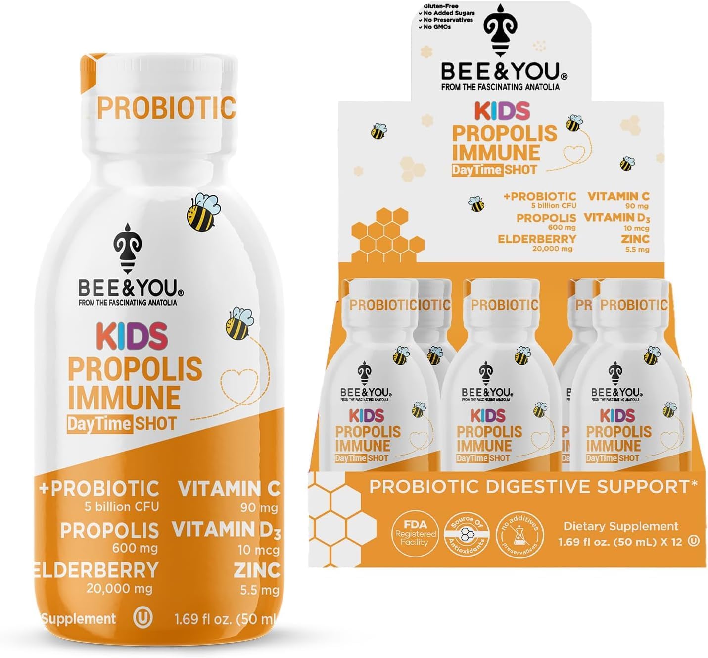 Amazon.com: Bee and You Kids Propolis Immune Day Time Shot - Probiotic ...