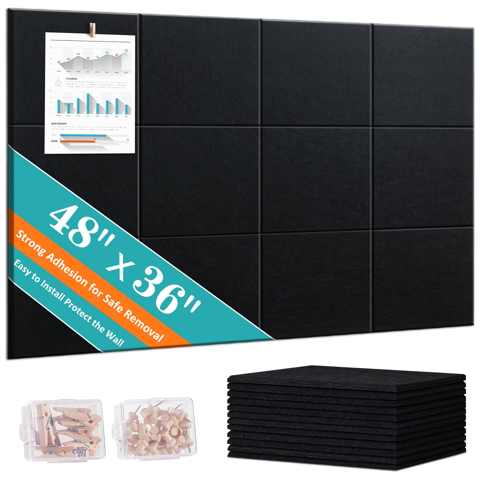 Amazon.com : Large Black Cork Bulletin Board - 12 Pack Felt Wall Tiles ...