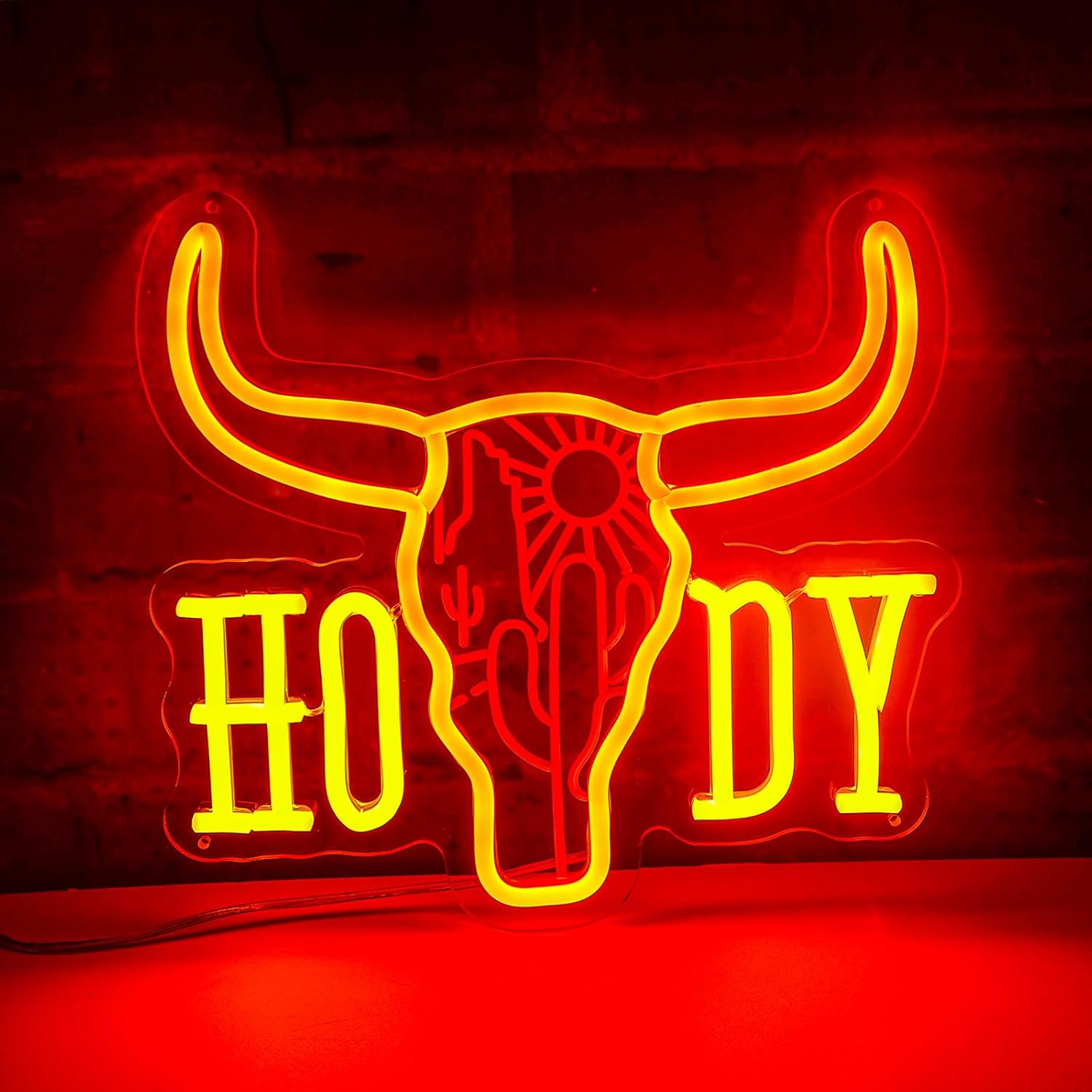 Bull Skull Howdy Neon Sign, Wildlife Western Bull Cactus Sun Led Neon ...