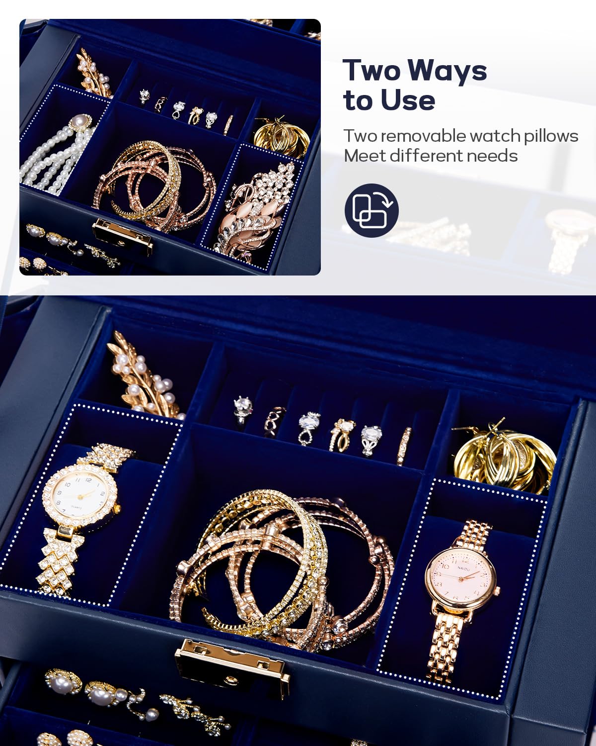 Homde Synthetic Leather Huge Jewelry Box Mirrored Watch Organizer ...