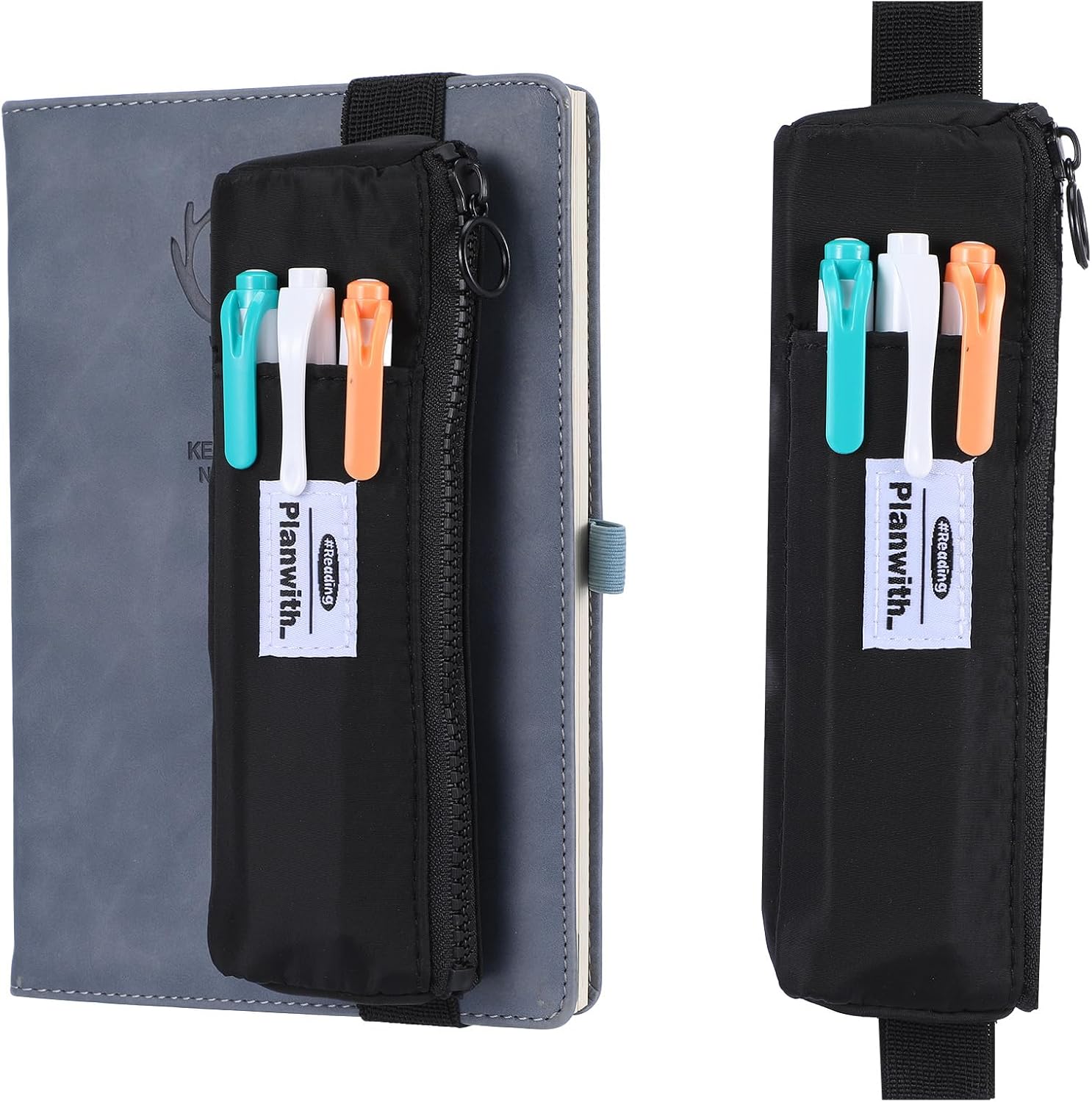 LIQWEI Black Elastic Pen Holder, Pen Bag for Notebook, Zip Pen Case ...