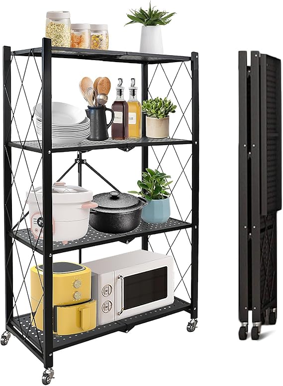 Amazon.com: HPONQIONE 4-Tier Foldable Storage Shelf with Wheels,Storage ...
