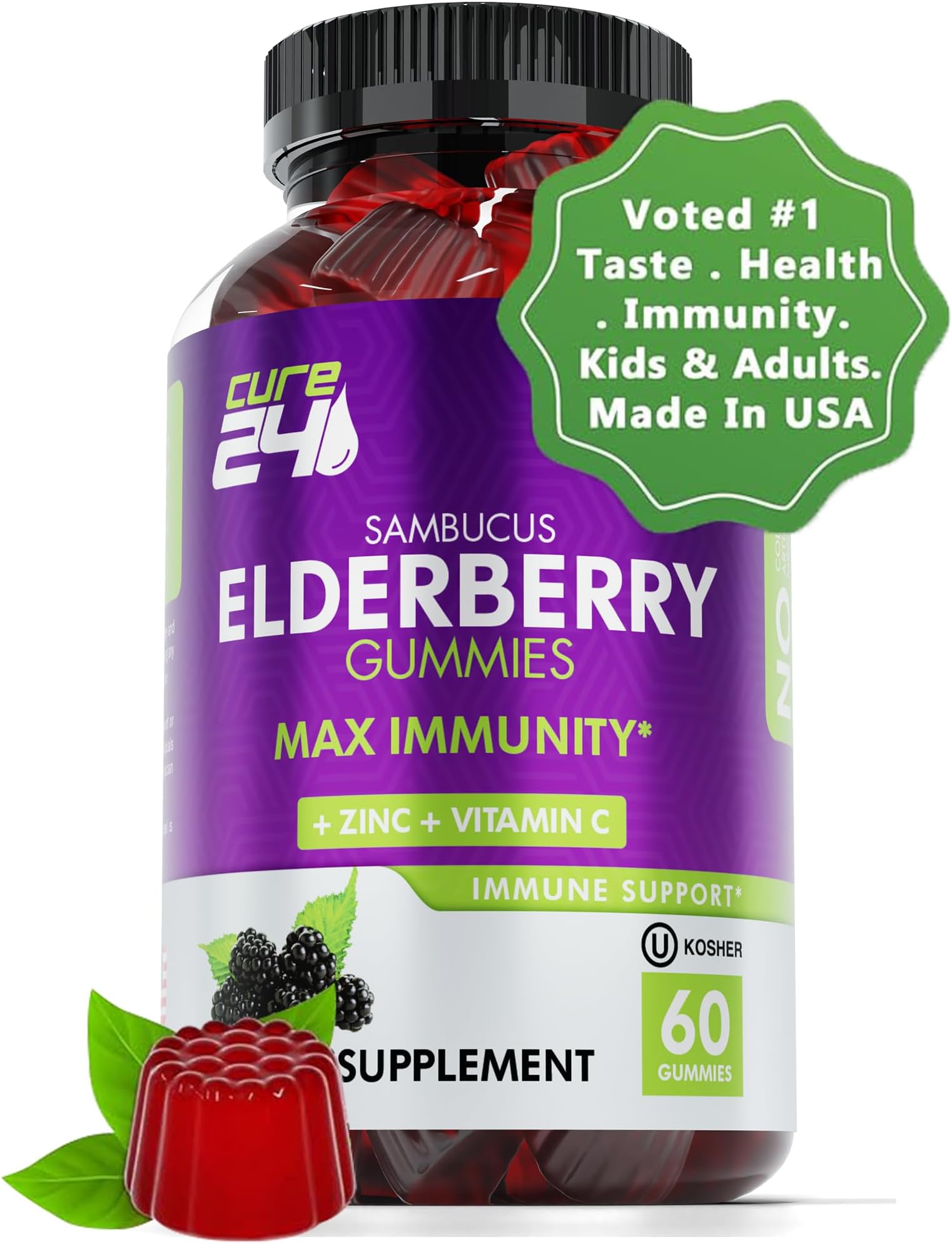 Amazon.com: Cure24 Sambucus Elderberry Gummies for Adults & Kids, Black ...