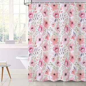 Amazon.com: Ruelvth Pink Shower Curtain, Watercolor Pink Floral Shower ...
