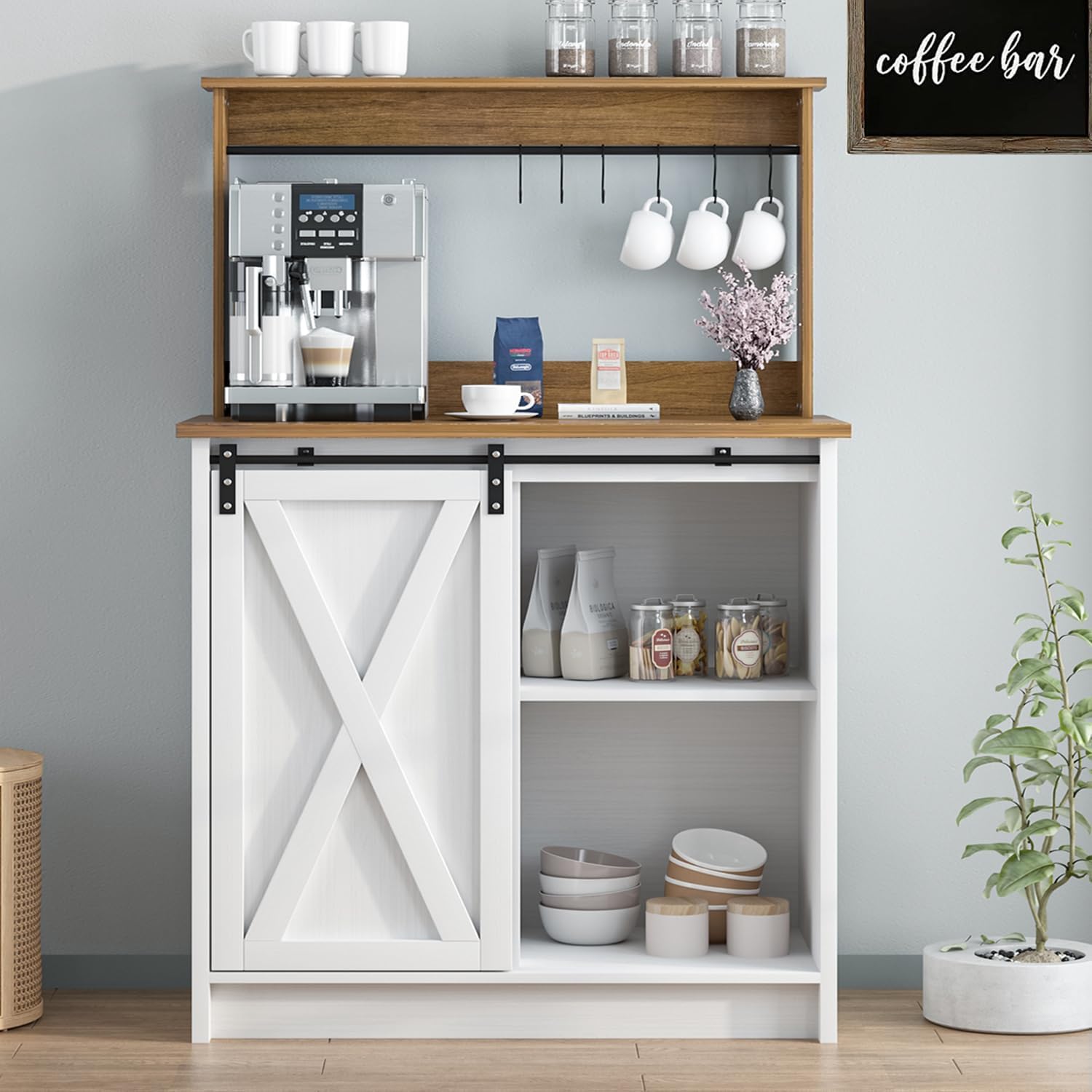 Amazon.com: Farmhouse Coffee Bar with Hutch, White Coffee Bar Cabinet ...