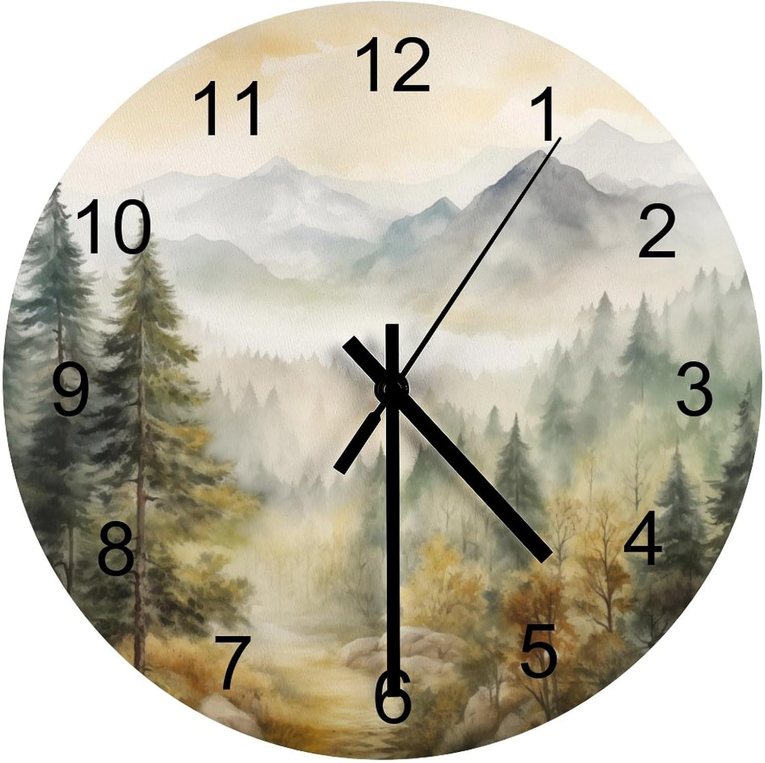 LOMADIA Forest Wall Clock, Watercolor Mountain Forest Nature Tree ...