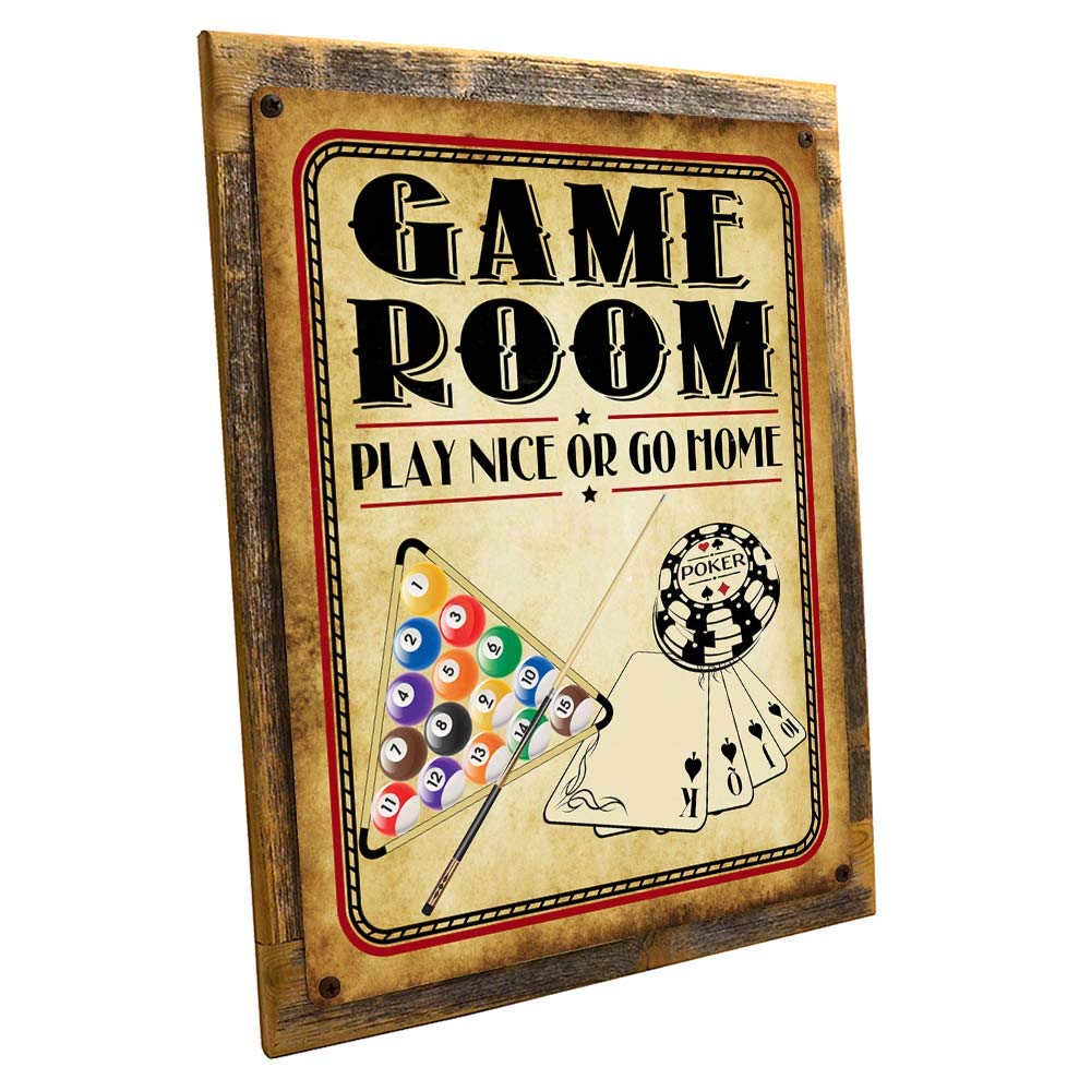 Amazon.com: Wood-Framed Game Room Play Nice or Go Home Metal Sign ...