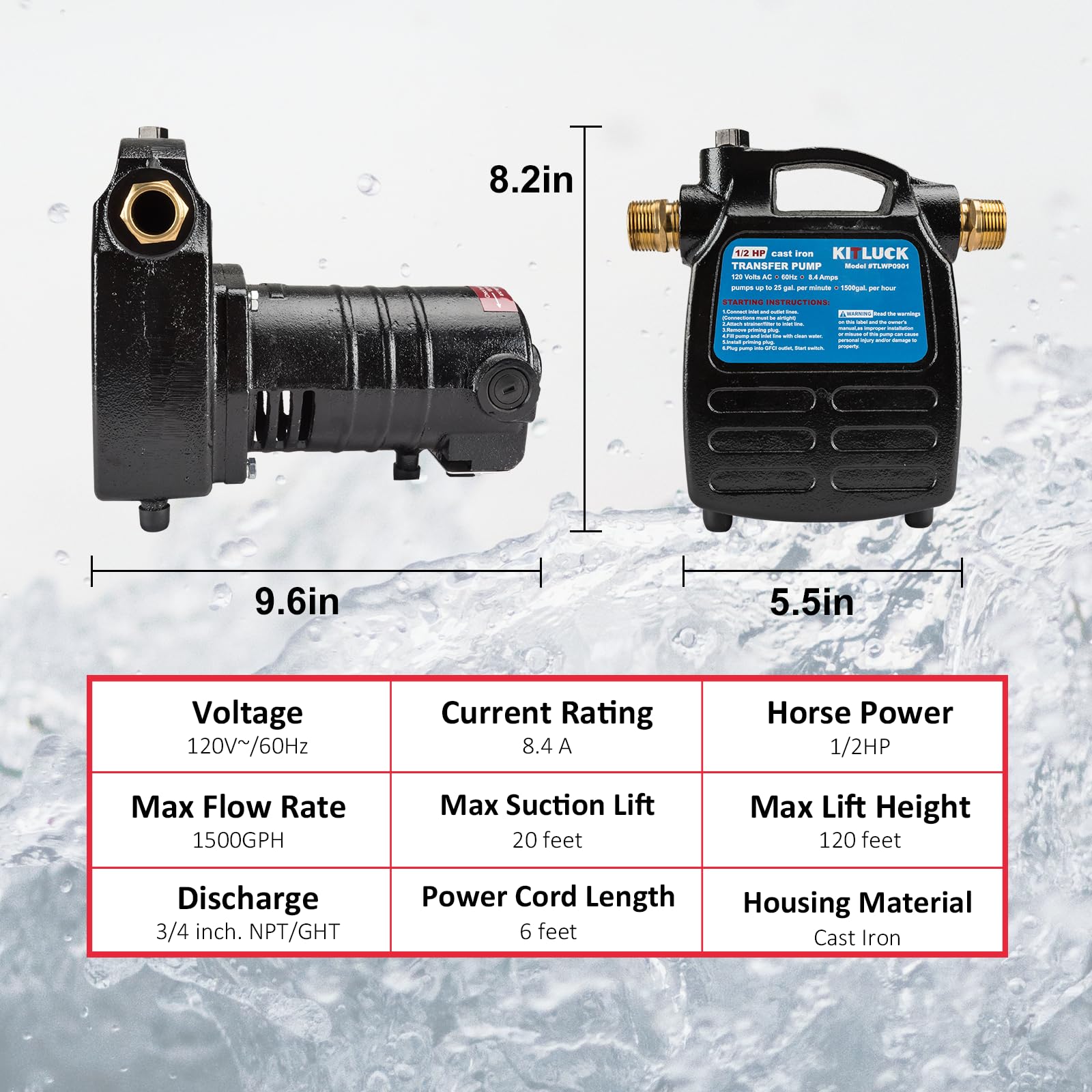 Snapklik.com : Water Transfer Pump, KITLUCK 120V 1/2 HP 1500GPH Cast ...