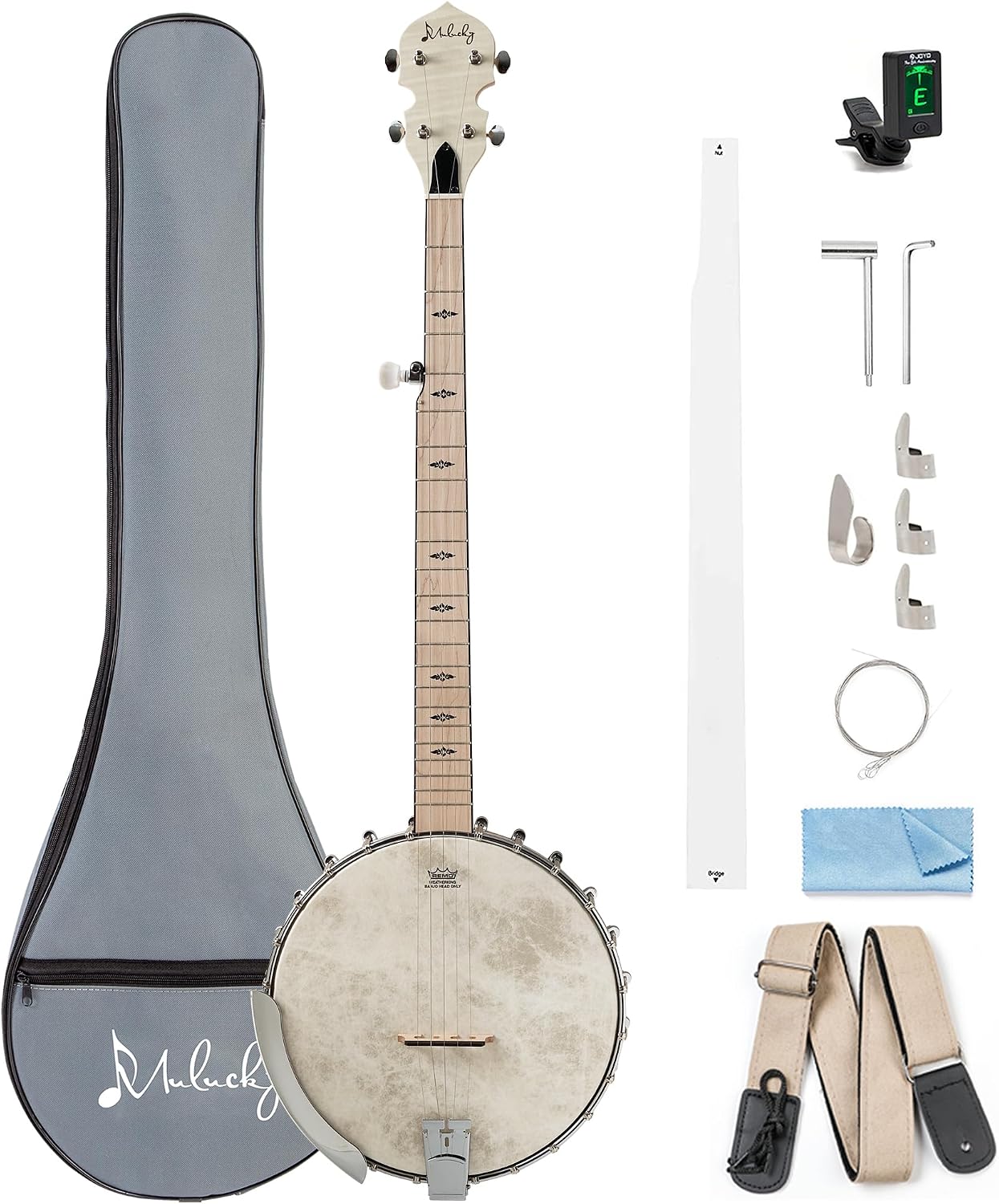 MuLucky 5 String Banjo, Full Size with 24 Brackets, Open Back, Maple ...