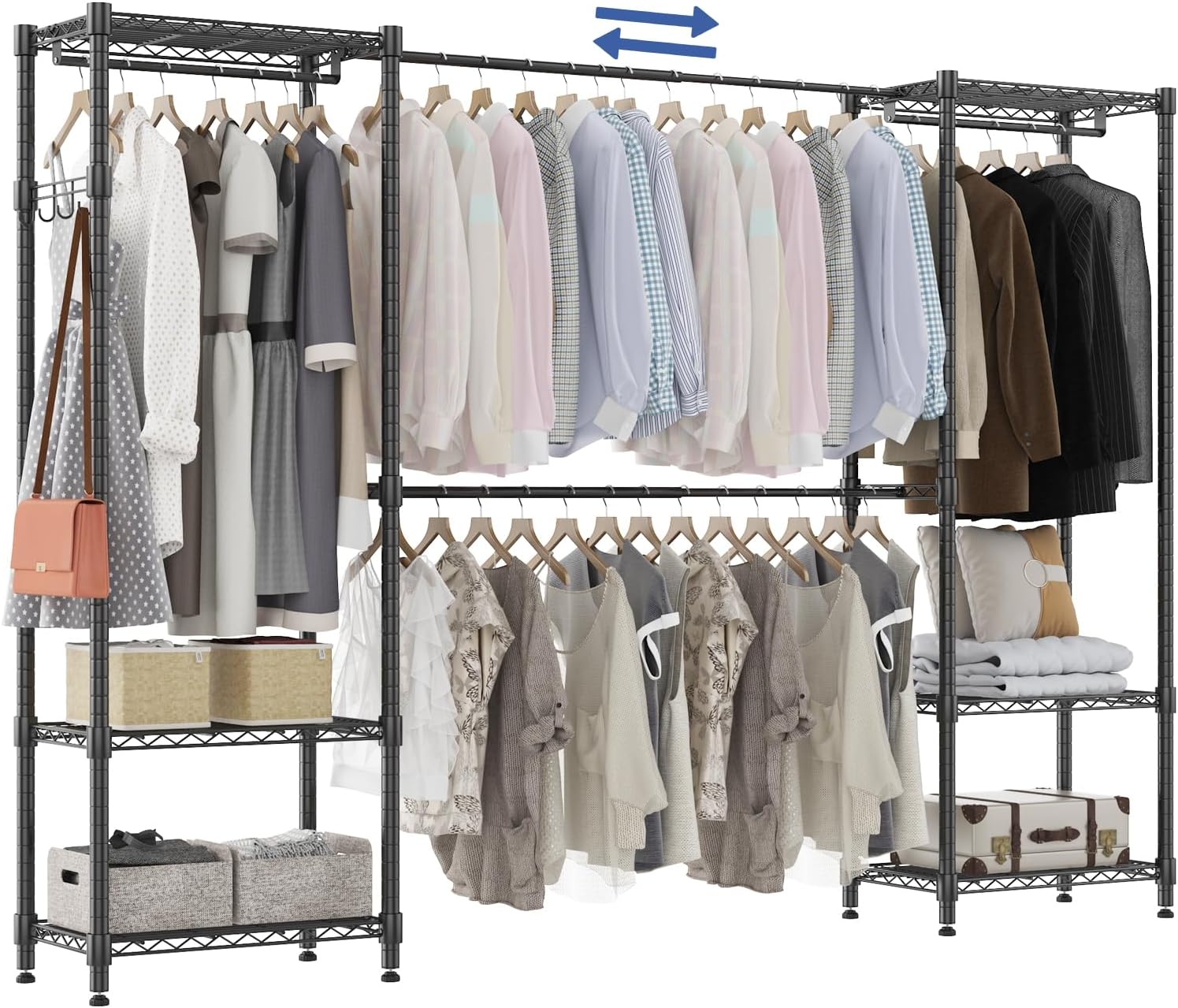 Extendable Clothes Rail with 4 Hanging Rods and 6 Height-Adjustable ...