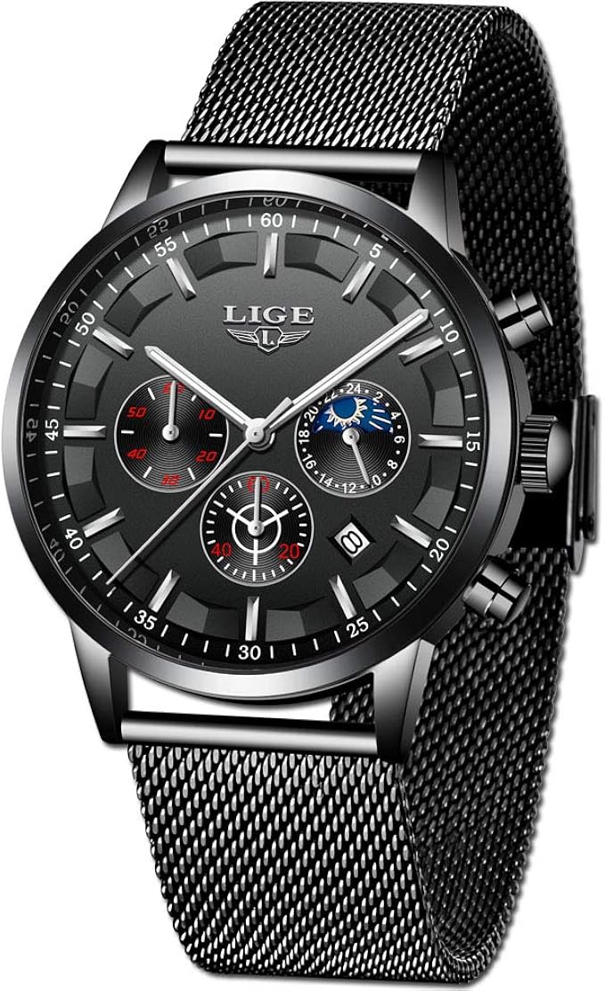 LIGE Relojes Hombres Moda Negro Acero Inoxidable Analógico Cuarzo ...