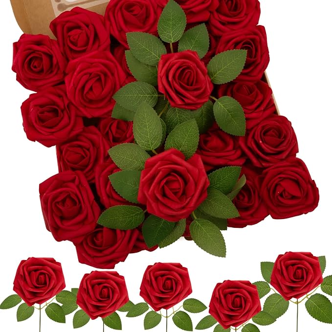 Amazon.com: SPORTYOUTH 100 Pcs Dark Red Artificial Roses Faux Flowers ...