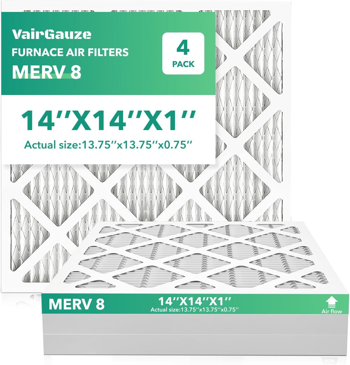 14x14x1 Air Filter 4 PACK, MERV 8 MPR 600 Pleated HVAC AC Furnace Dust ...