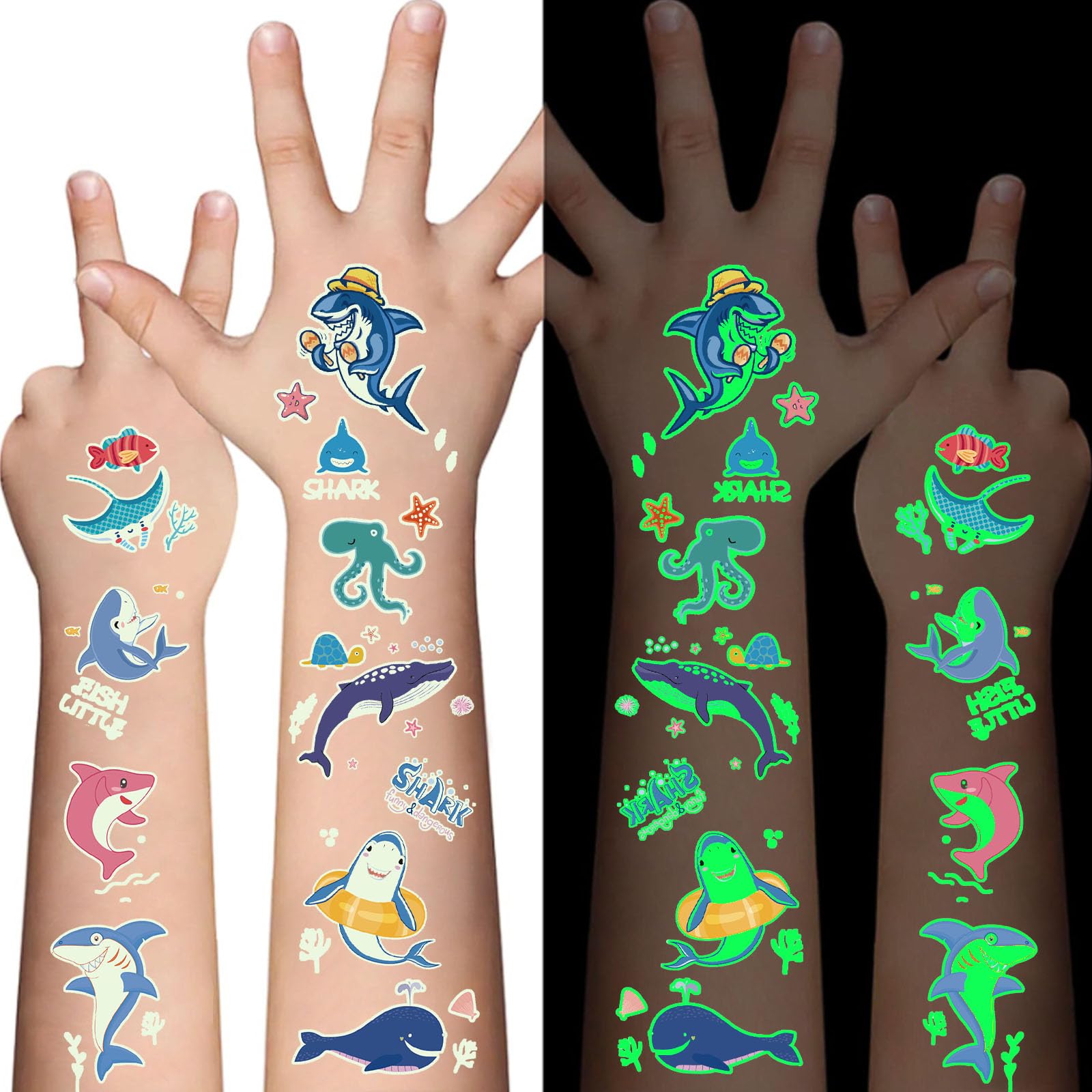 120pcs Luminous Temporary Tattoos Shark, 10 Sheets Glow In The Dark ...