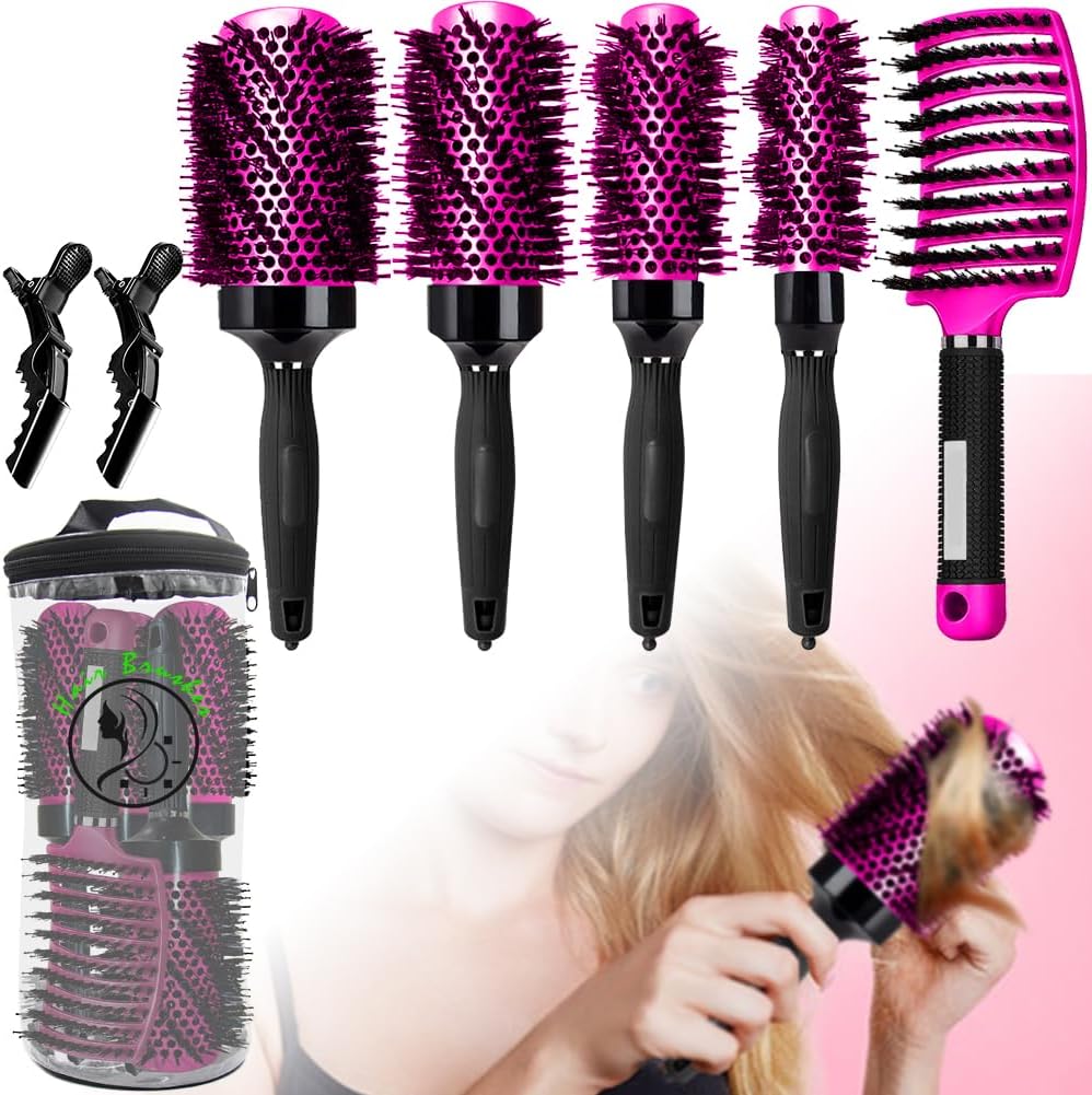 Amazon.com : Aozzy 5pcs Round Hair Brush Set with Boar Bristle Vented ...
