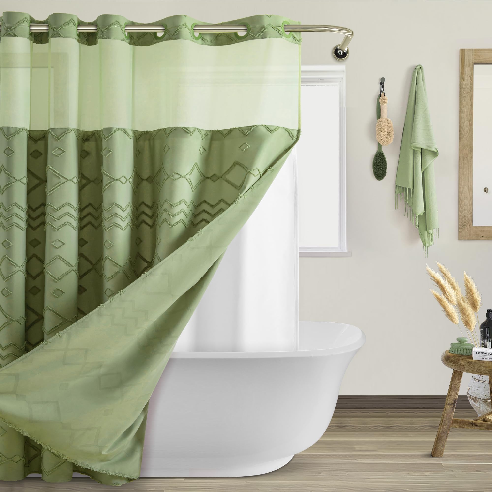 Amazon.com: PANGSINNE No Hooks Shower Curtain with Snap-in Liner, Sage ...