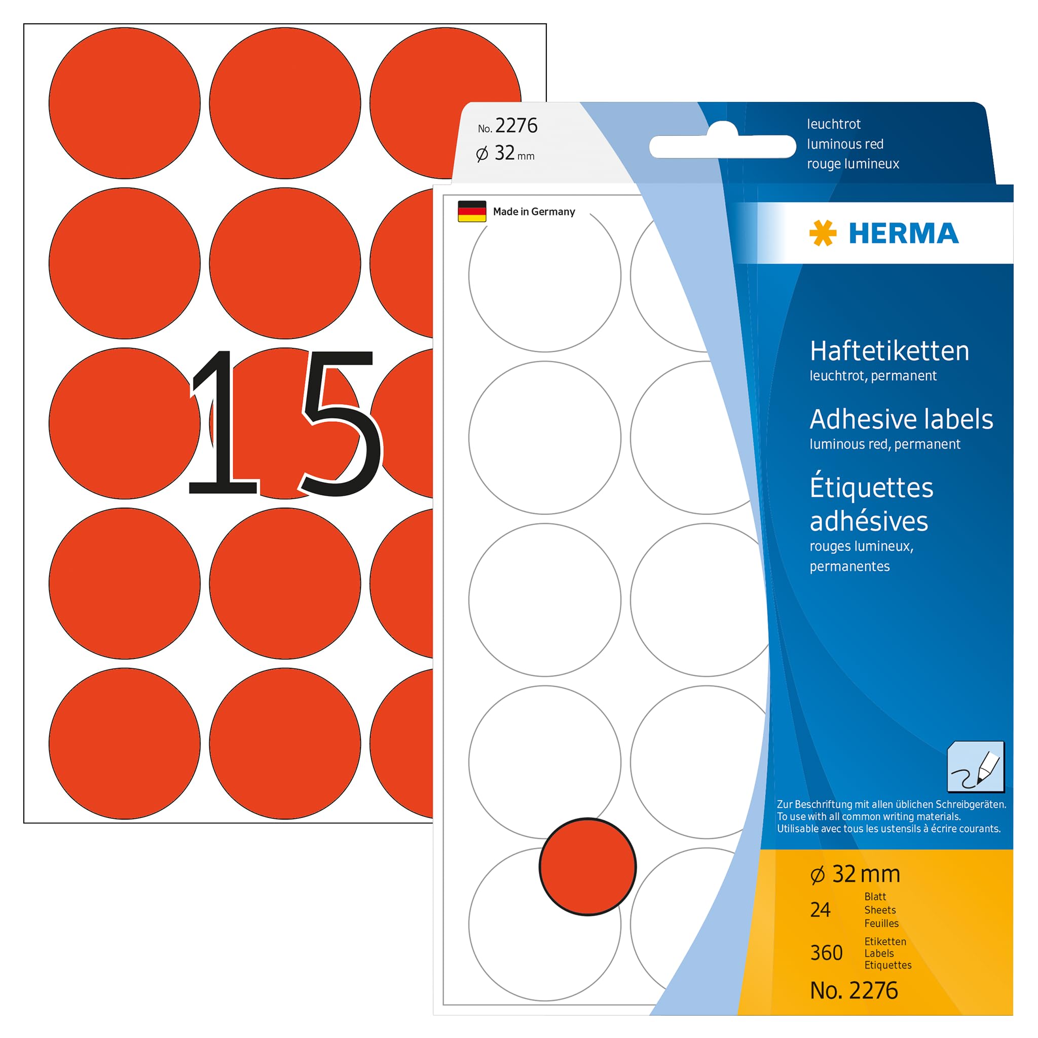 HERMA Dot Stickers Luminous Red, 360 Labels, Ø 32 mm, 15 Labels per ...