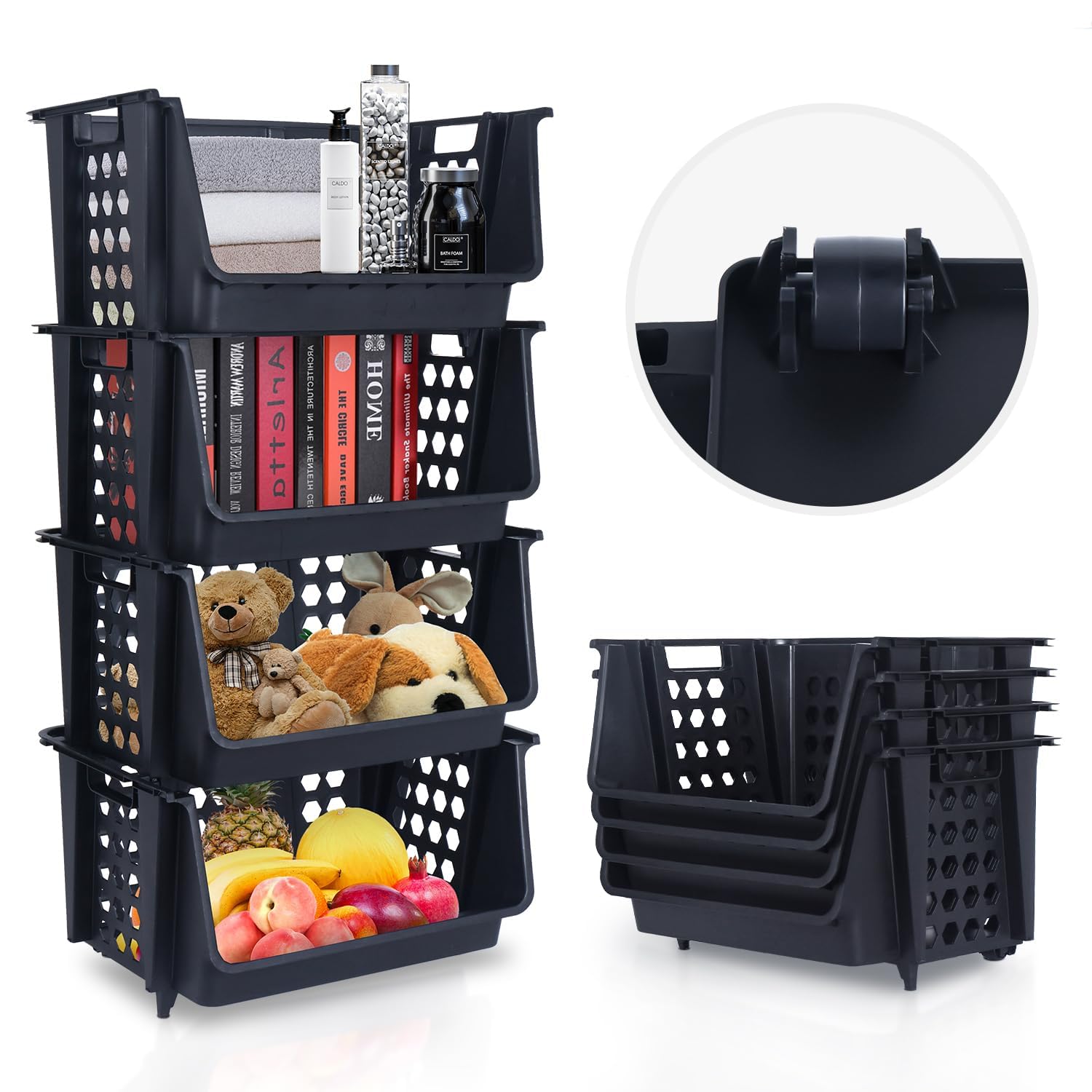 Plastic Stackable Storage Bins for Organizing, 4-Tier Black Stackable ...