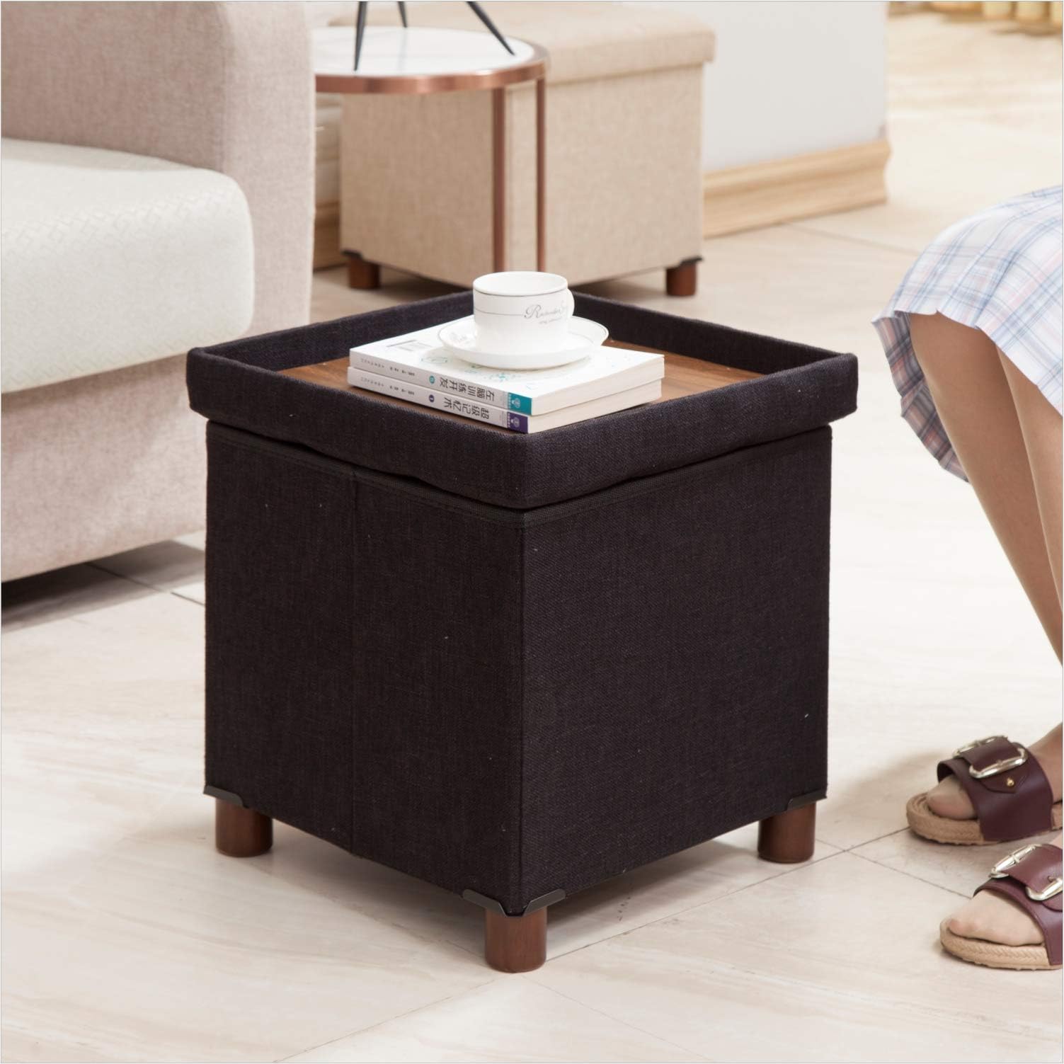 Amazon.com: Cortesi Home Mavi Grey Wood Top Tray Storage Cube Ottoman ...