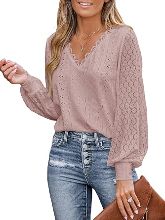 CUPSHE Long Sleeve Tops for Women Eyelet Scalloped Lace V Neck Blouse ...