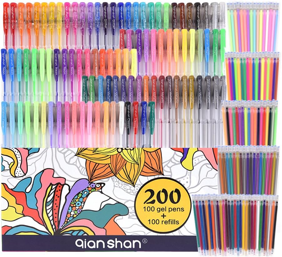 qianshan 200 Pack Gel Pens set for coloring - 100 Pens PLUS 100 Refills ...