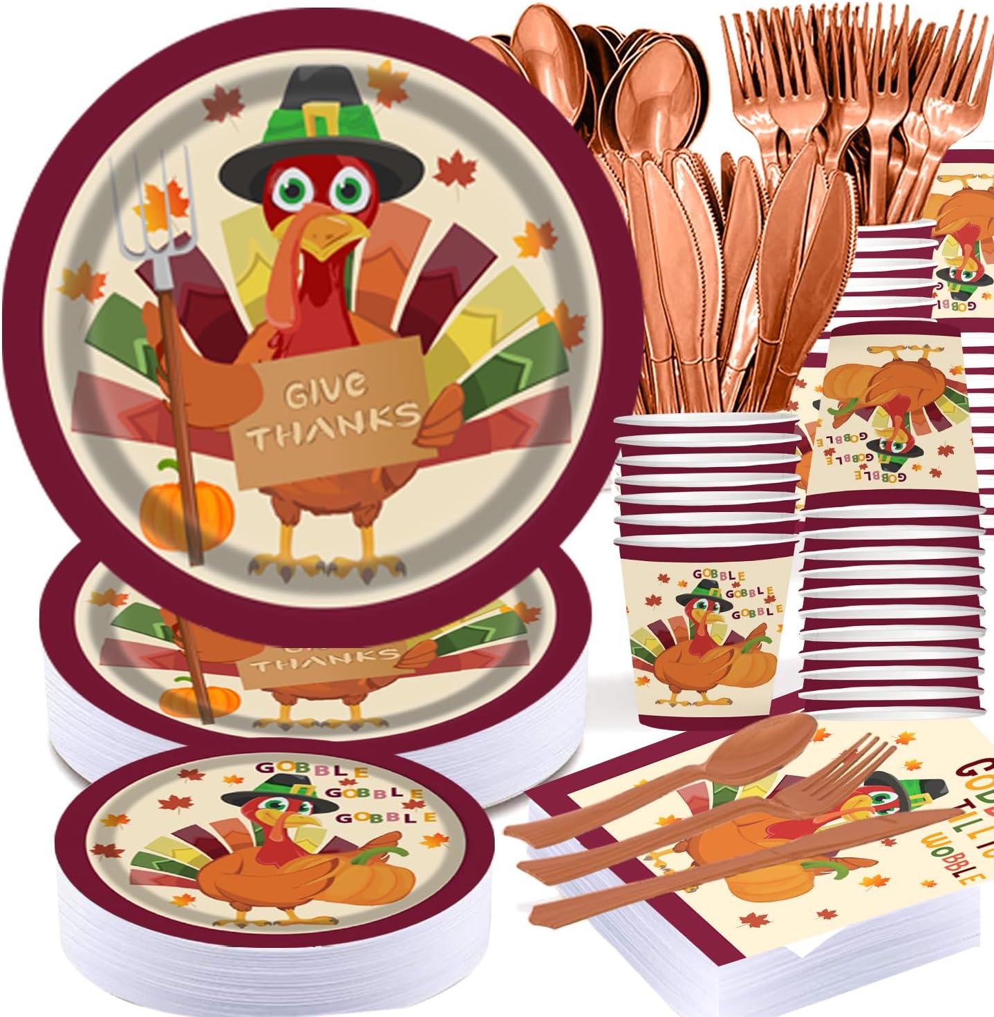 Amazon.com: PAMMYAN HARVEST TURKEY Paper plate set for 25, Gobble ...