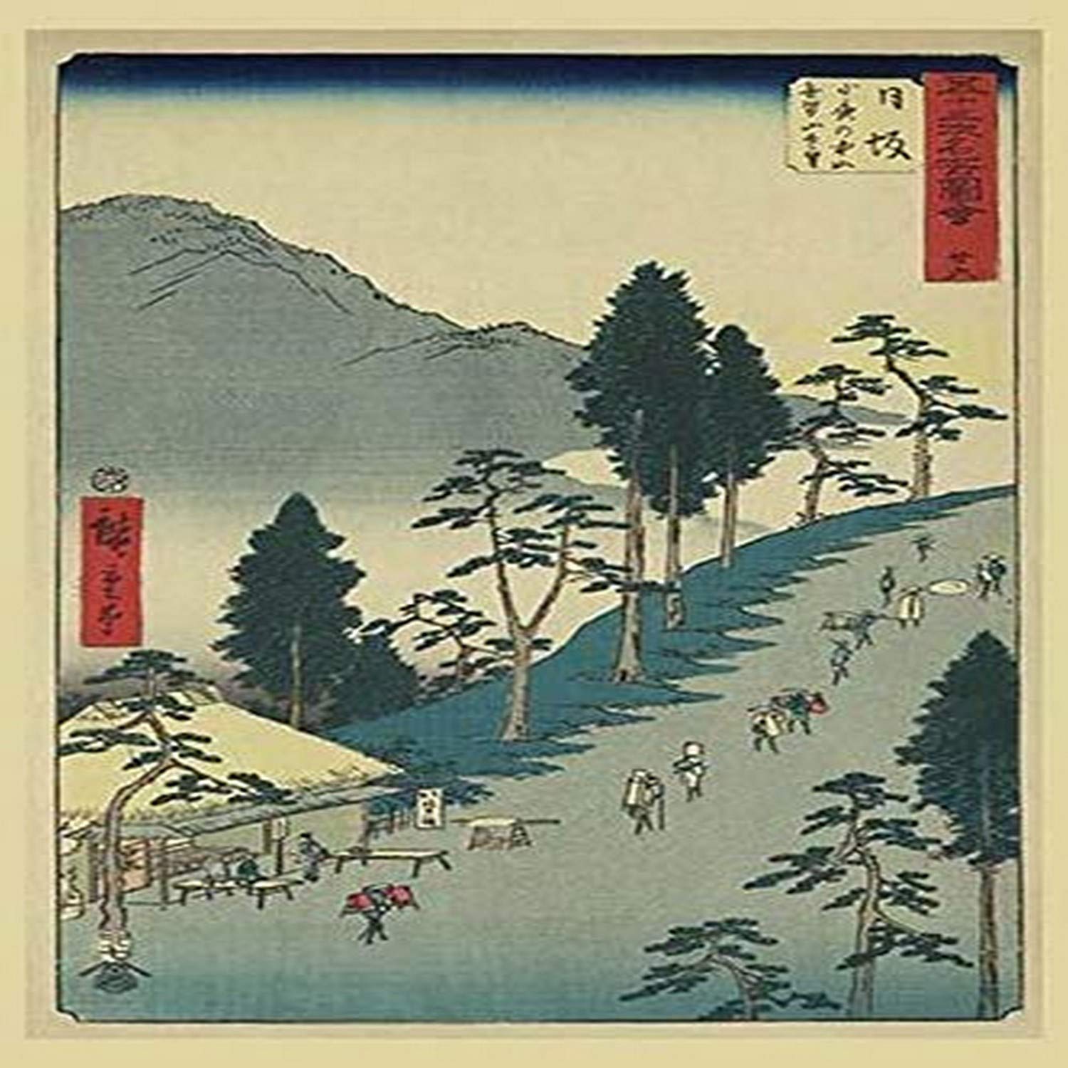 Print shows a birds-eye view of pilgrims walking along the Tokaido Road ...