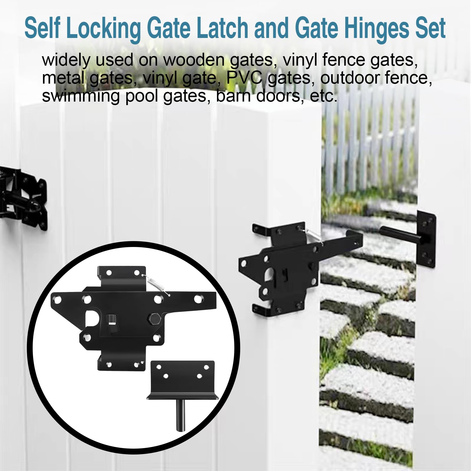 Snapklik.com : Self Locking Gate Latch And Gate Hinges Set Heavy Duty ...