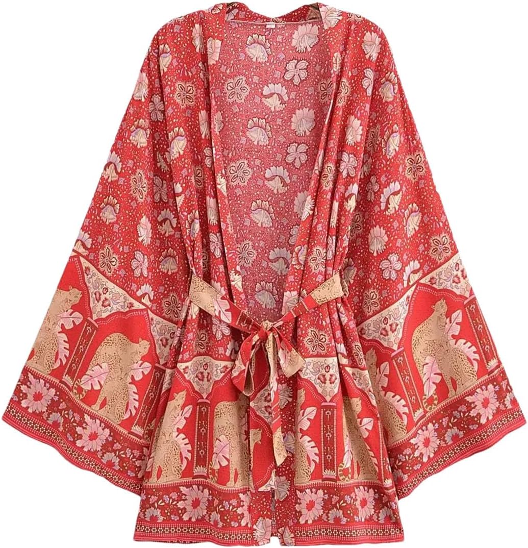 Hgvcfcv Vintage Long Sleeve Cotton Floral Print Tunic Robe Belt Boho ...