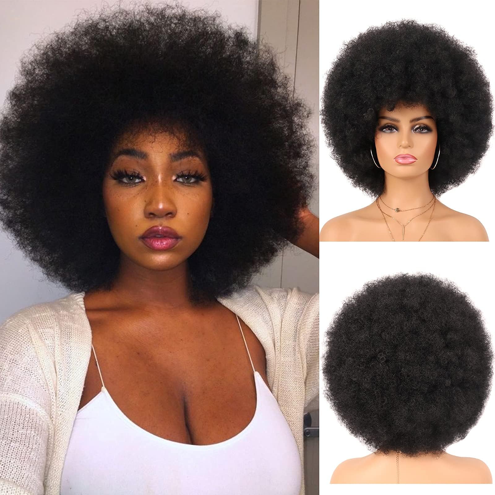 Amazon.com : 70's Afro Wig for Women, Natural Black Short Afro Kinky Curly Wig, Glueless ...