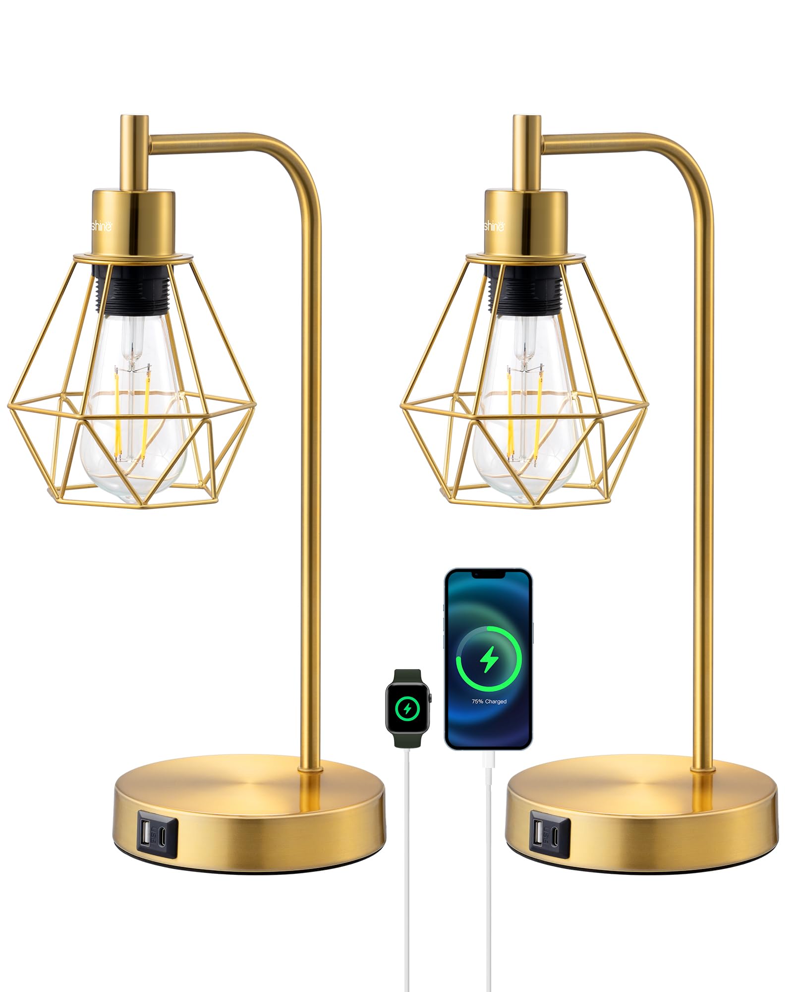 EDISHINE Bedside Lamps Set of 2, Dimmable LED Table Lamp, Diamond Cage ...