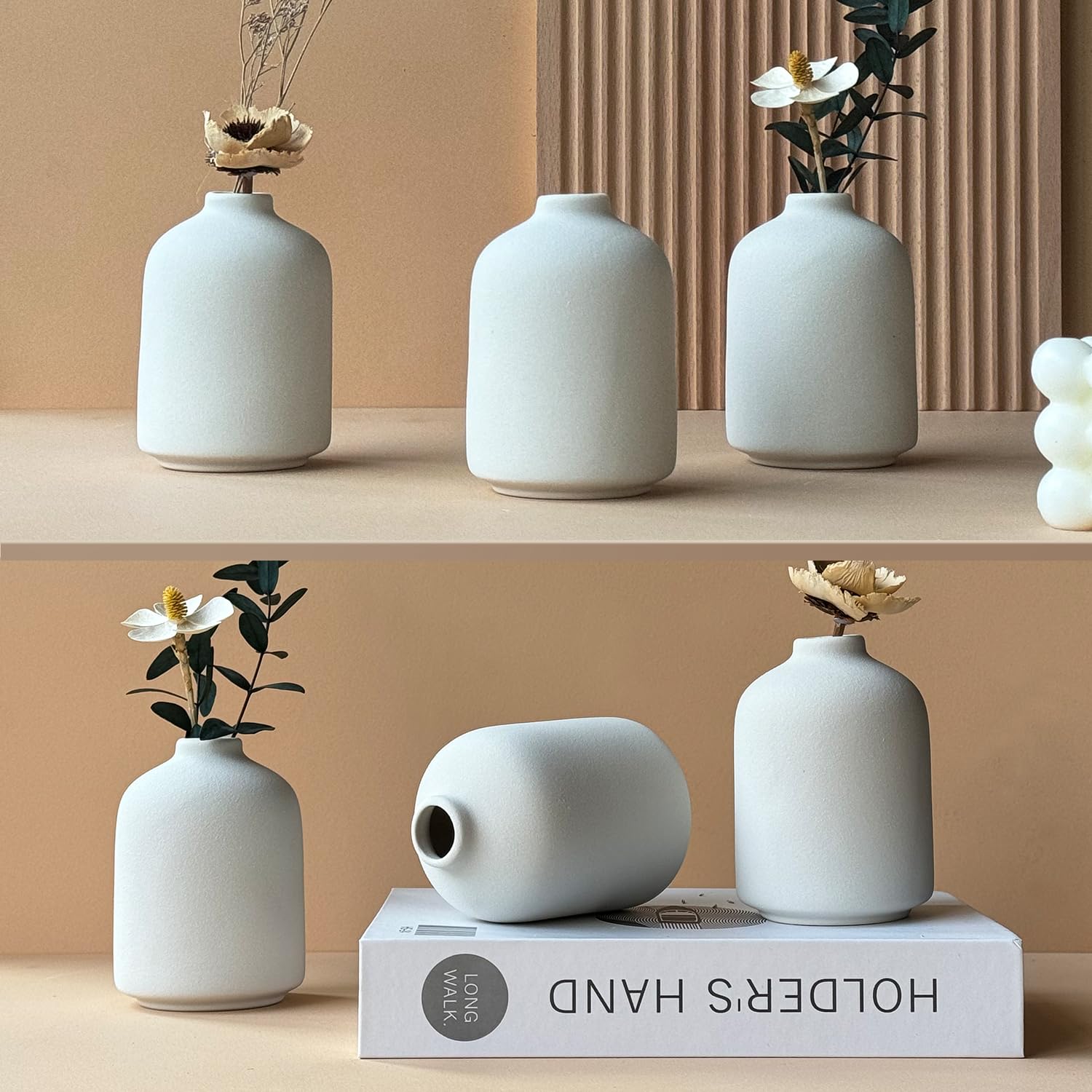 LIZOFER Modern White Small Ceramic Vase Set of 6 for Living Room ...