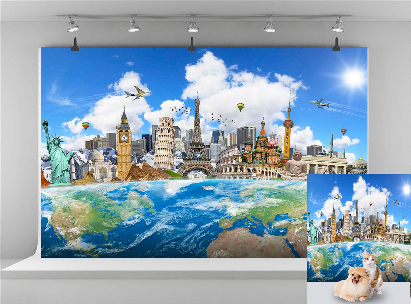 World Map Backdrop Worldwide Classic Famous Landmark Photography ...