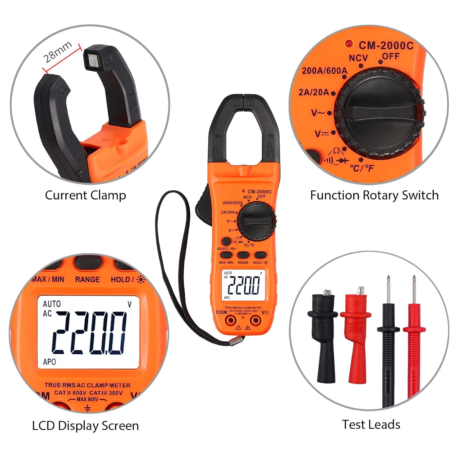 Proster Digital Clamp Meter TRMS 6000counts 600A DC AC Current AC/DC ...
