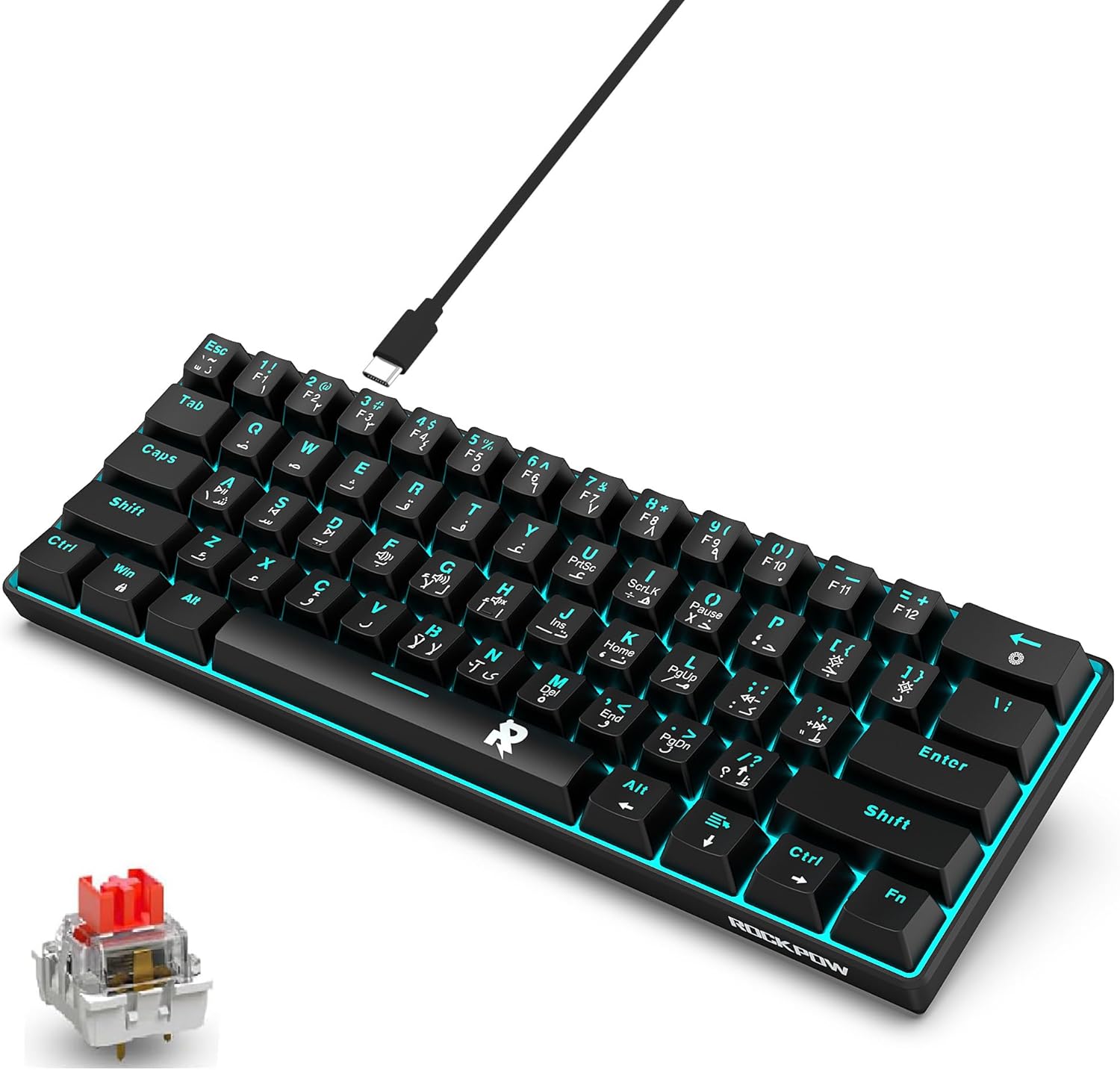ROCK POW English Arabic 60% Wired Mechanical Gaming Keyboard, 61keys ...
