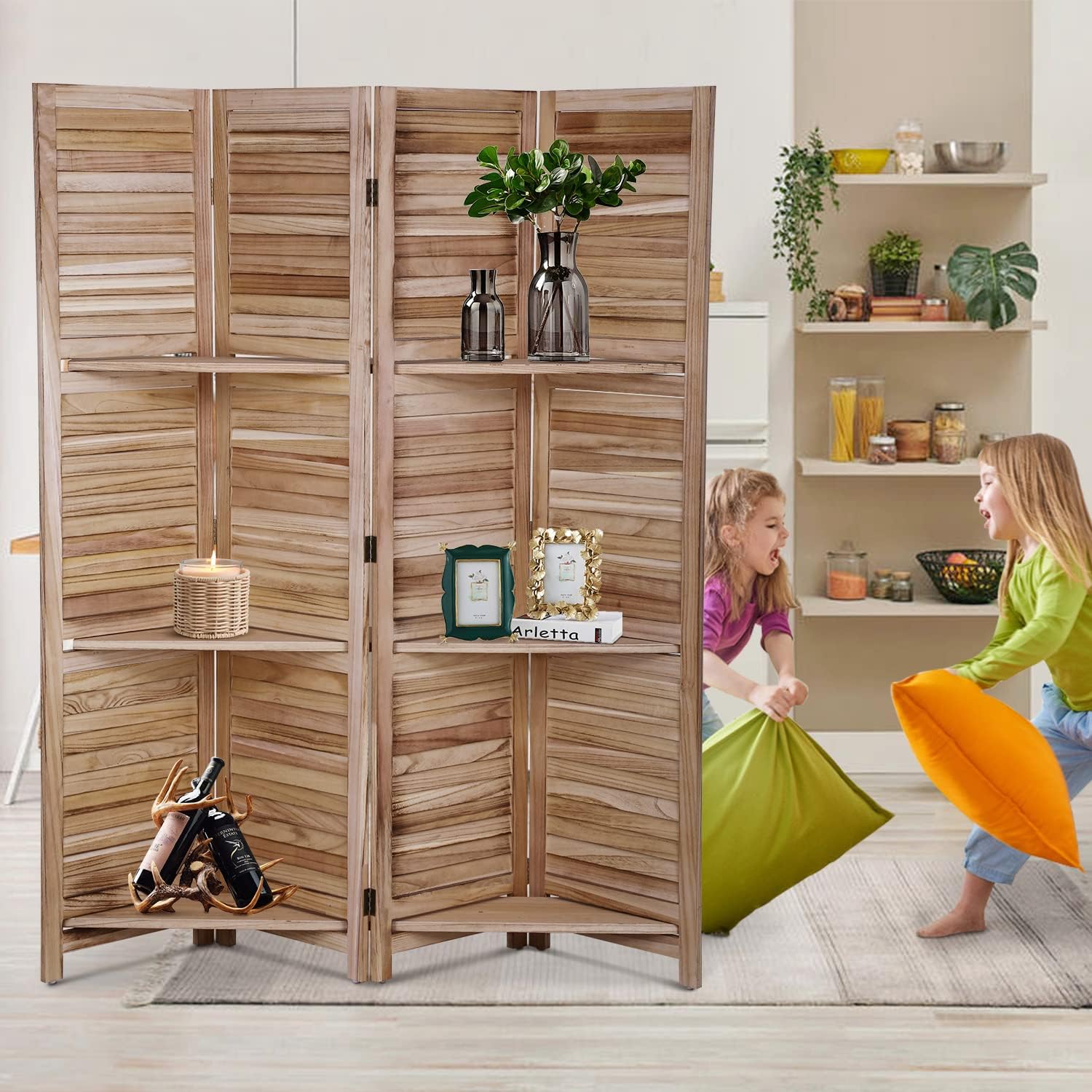 Amazon.com: 4 Panel Room Divider Folding Privacy Wooden Screen with ...
