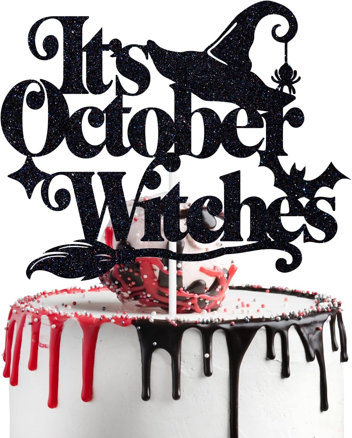Amazon.com: Black Glitter It's October Witches Cake Topper, October's ...