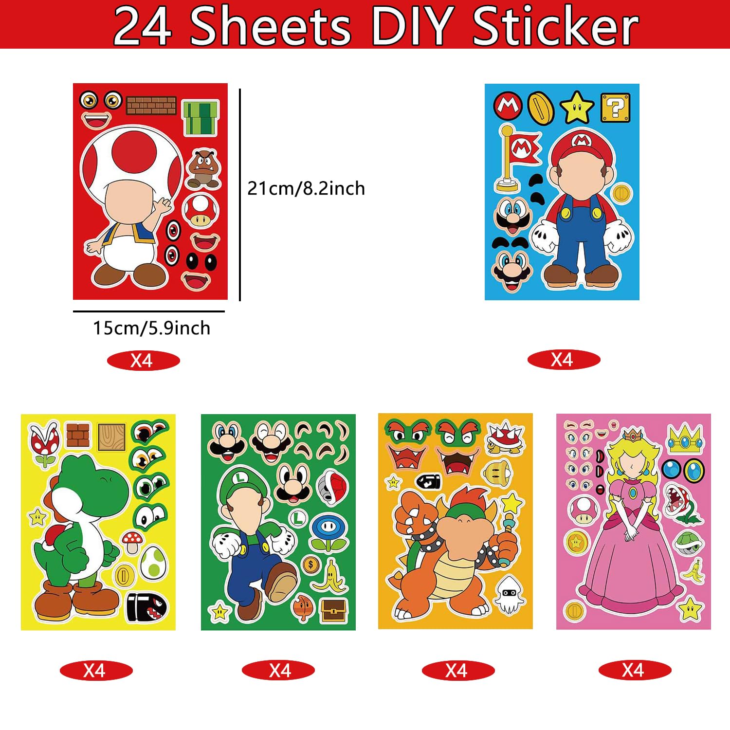 24 Sheets Make a Face Sticker, Mario Stickers for Kids Crafts Make Your ...