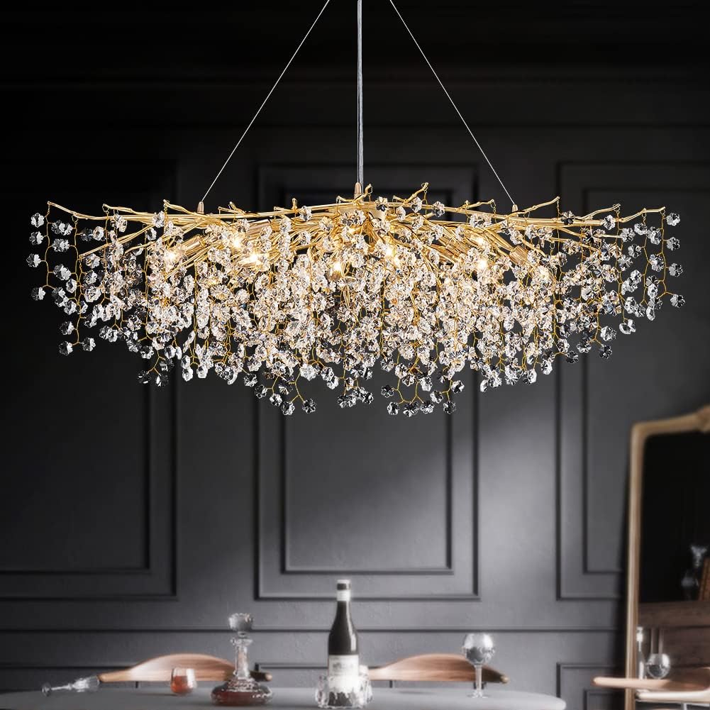 DUNFIZZ Gold Modern Crystal Chandeliers, Rectangle Snowflake Tree ...