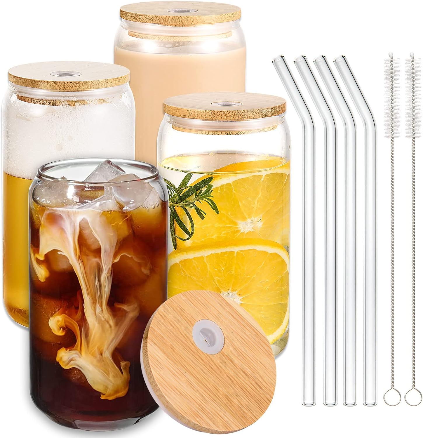 Amazon.com | Drinking Glasses with Bamboo Lids and Glass Straw 4pcs Set ...