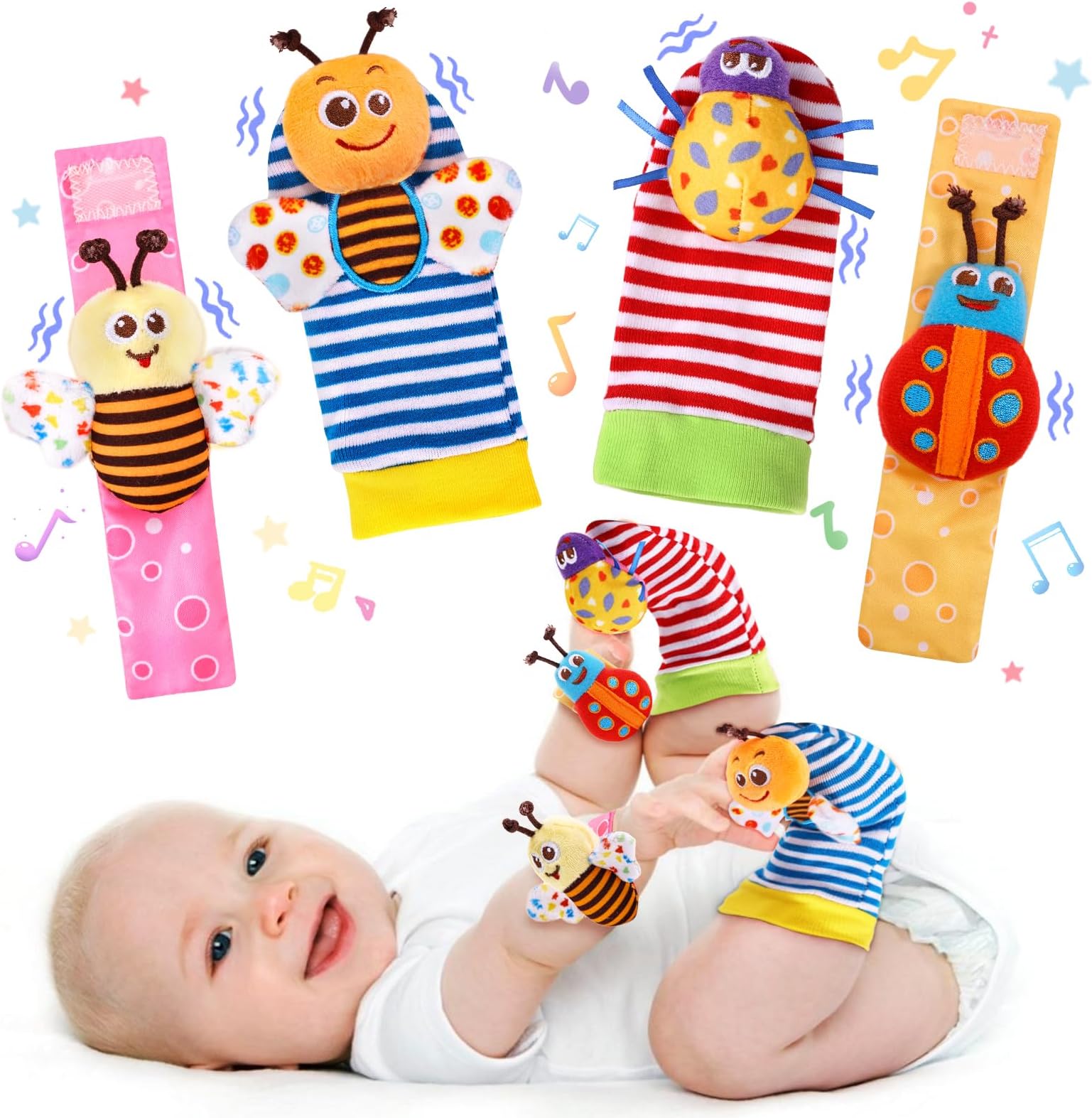 Amazon.com : PADONISE Baby Wrist Rattle Socks and Foot Finder Set Baby ...