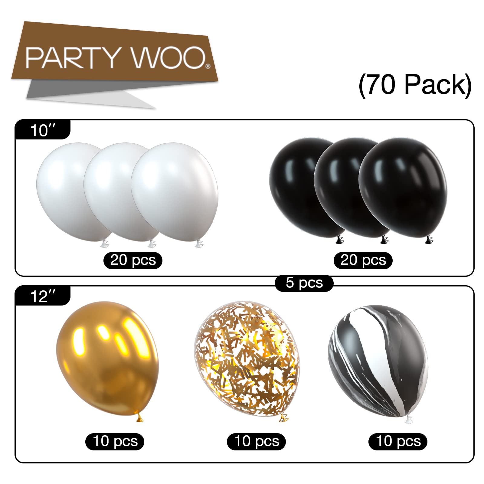PartyWoo Gold and Black Balloons, 70 pcs Black Balloons, White Balloons ...