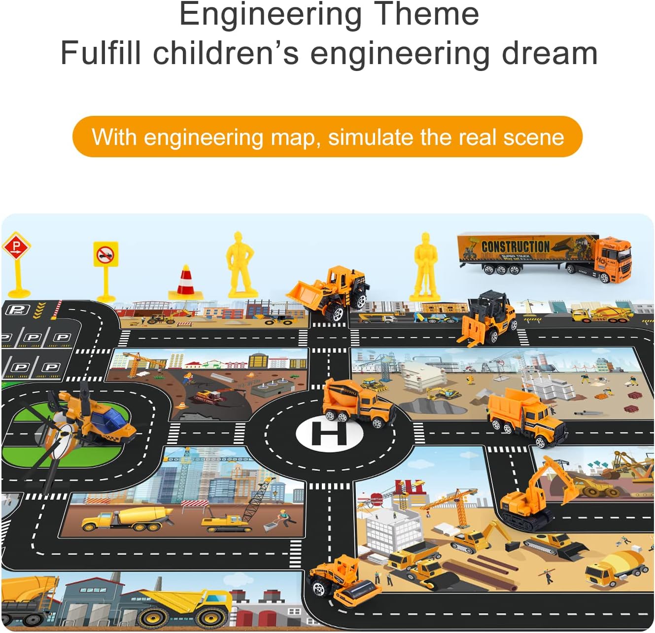 Buy Jenilily Construction Vehicle Toy Car Set & Play Mat, Truck Carrier ...