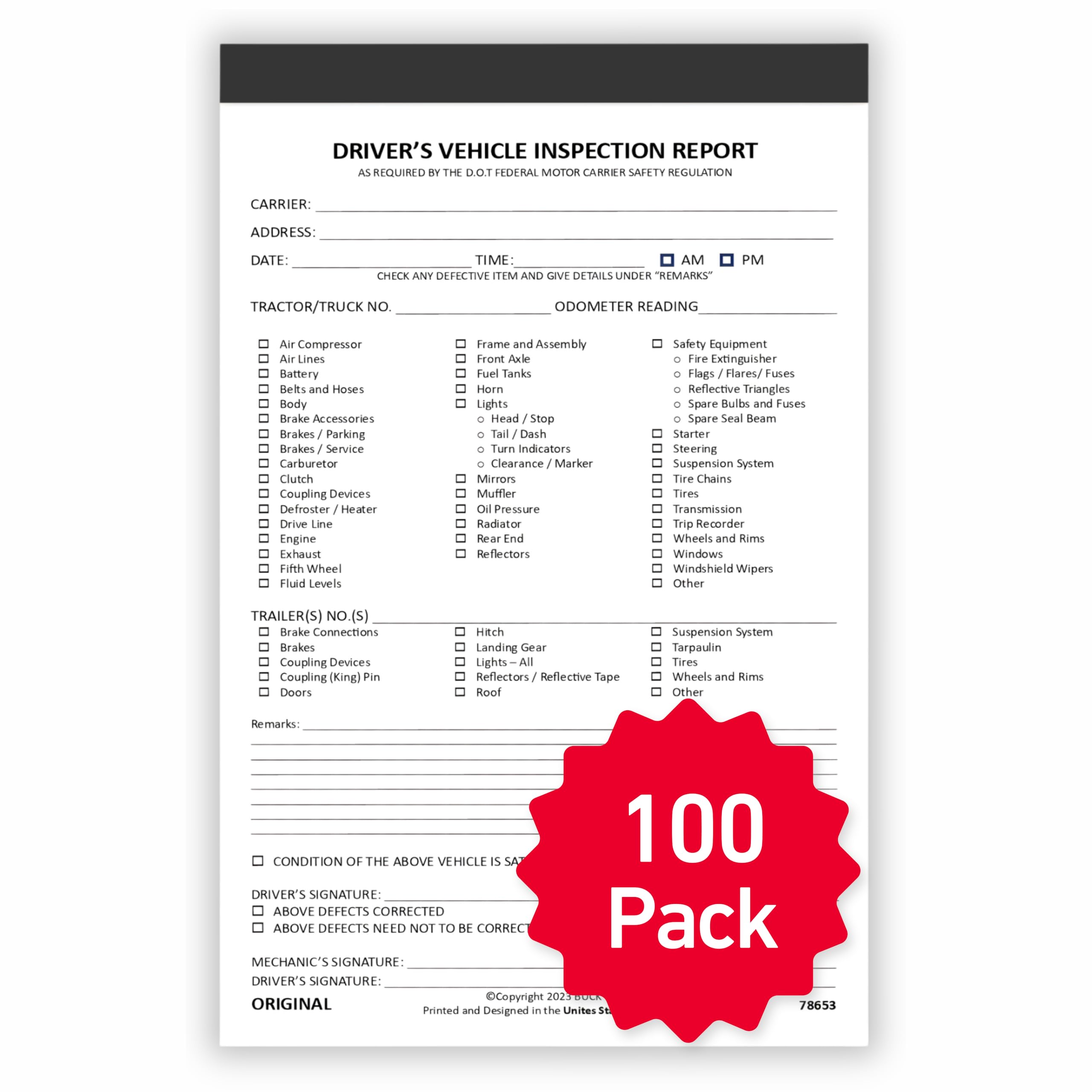 Snapklik.com : 100 Pack Detailed Driver Vehicle Inspection Report Book ...