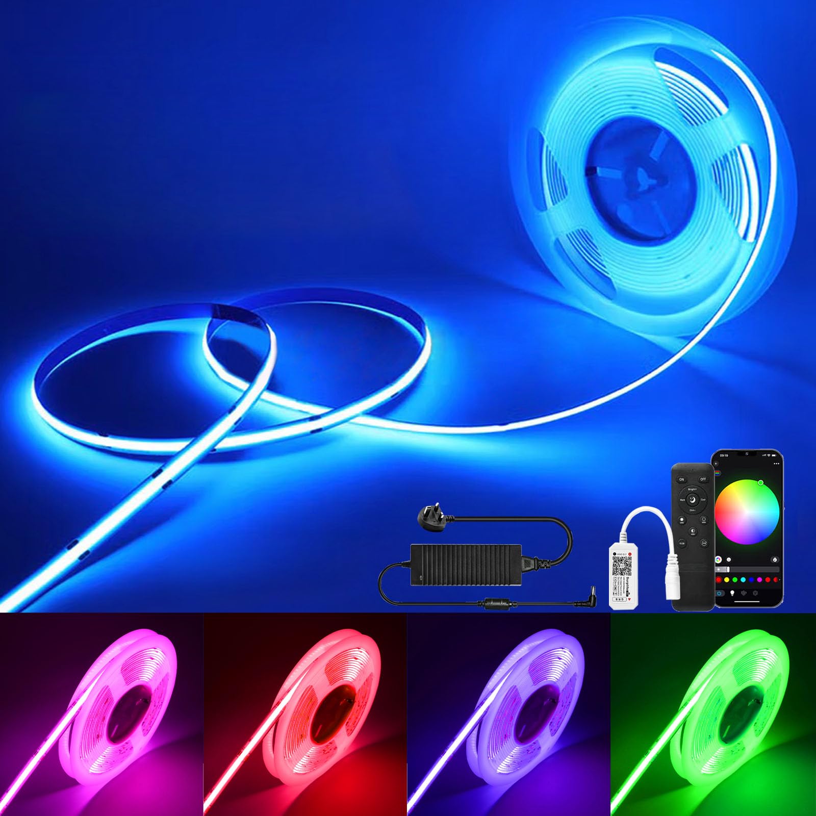 WiFi RGB COB LED Strip with Power Supply,Flexible LED Strip 576 LED/M ...