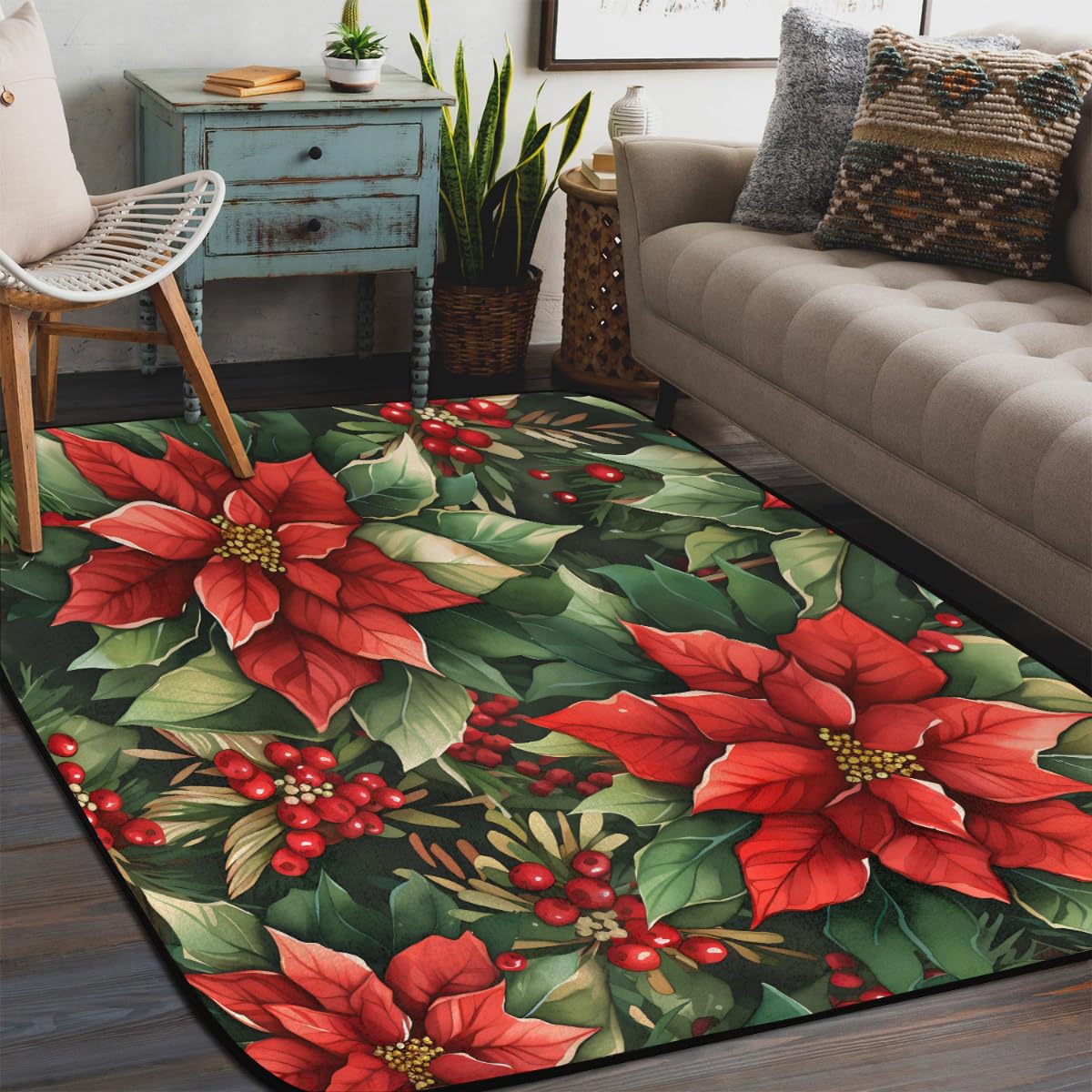 Amazon.com: FZDXZJJ Christmas Poinsettia Flowers Area Rug for Living ...
