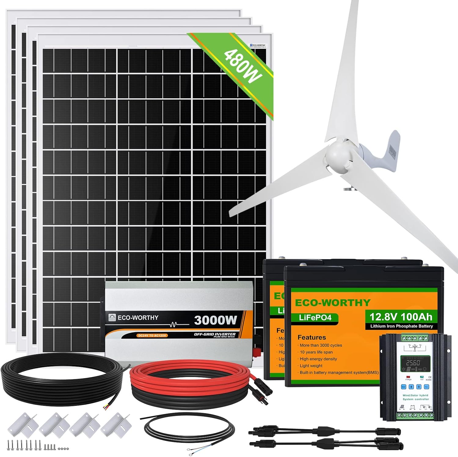 ECO-WORTHY 24V 880W Solar Wind Turbine Generator kit with Lithium ...