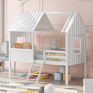 Amazon.com: Twin House Beds for Kids Low Loft Bed Frame Wood Tree House ...