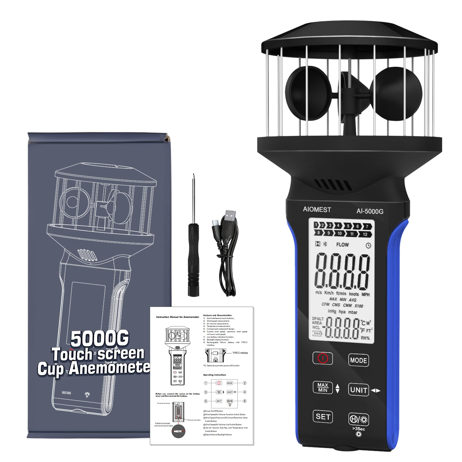 Amazon.com: AIOMEST Digital Anemometer, AI-5000G Handheld Wind Speed ...