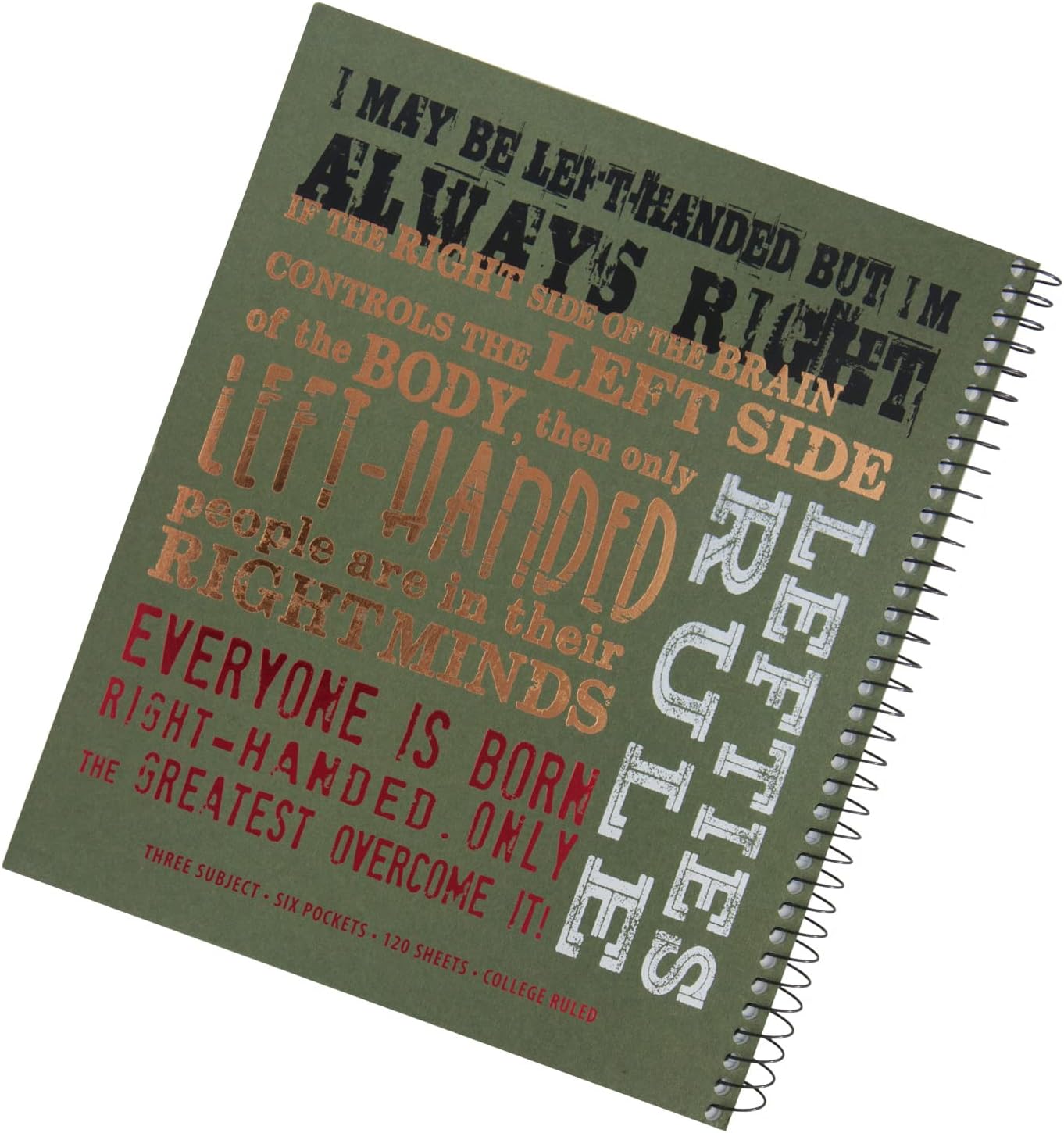 Left-Handed 3 Subject Spiral Notebook With Lefty Sayings (Green ...